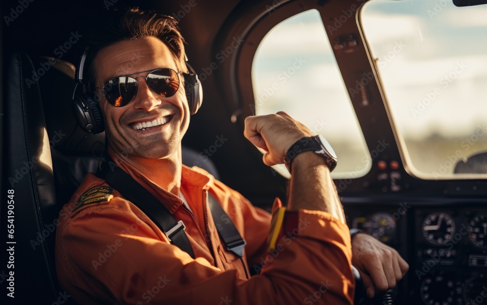Smiling middle aged pilot in a commercial airplane. Generative AI Stock ...