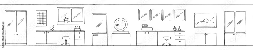 Laboratory graphic black white interior long sketch illustration vector ...