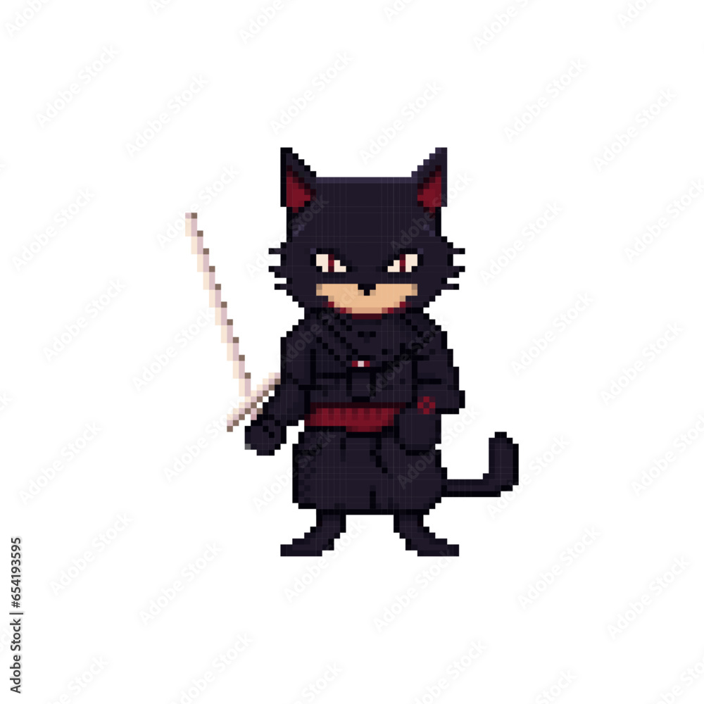 Pixel art cat character. Samurai, warrior or ninja sprite in casual ...