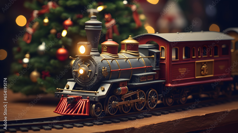 Vintage train set circling the base of a brightly lit Christmas tree ...