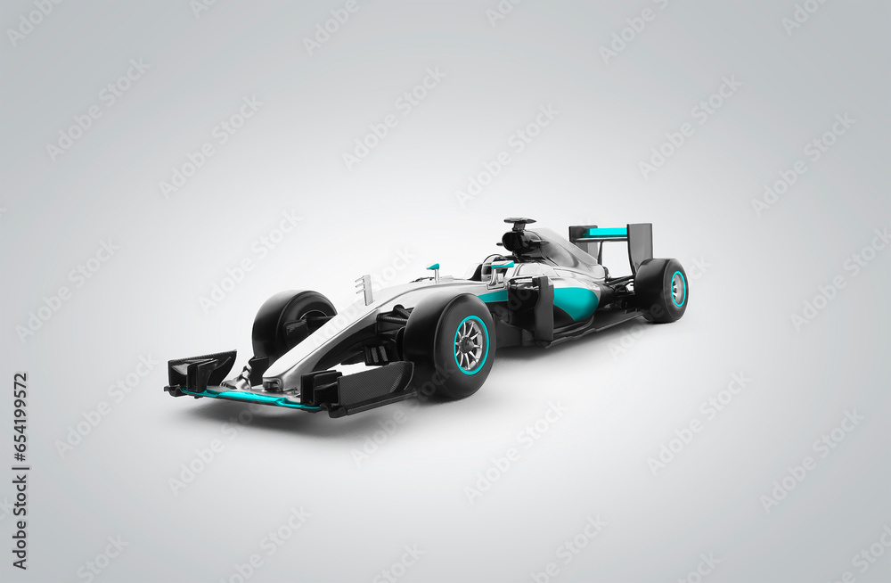 Race car and driver angled view isolated on grey background. Facing ...