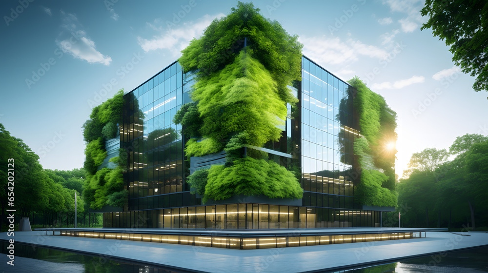 Eco-friendly building in the modern city. Sustainable glass office ...