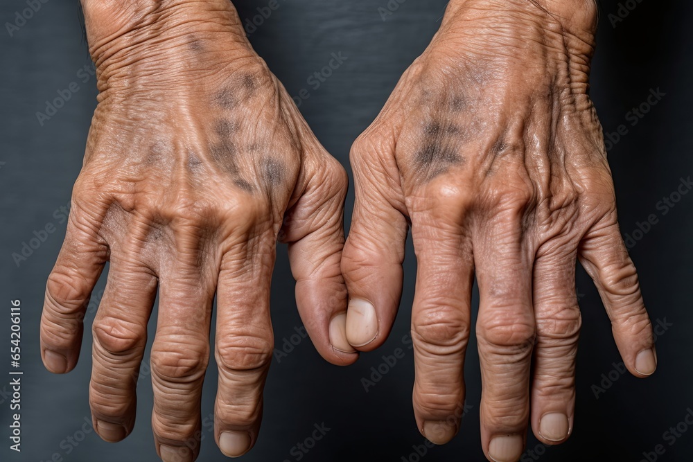 Age spots on hands of Asian man. They are brown, gray, or black spots ...