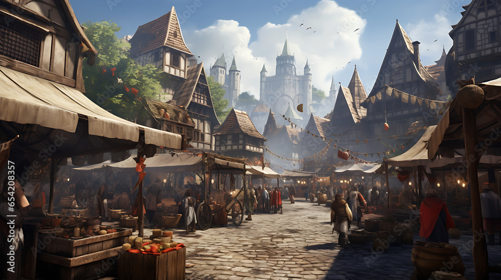 A bustling medieval marketplace, with merchants, craftsmen, and ...