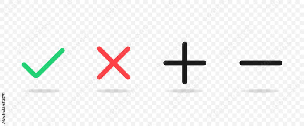 Tick, cross, plus, minus icon set isolated. Green tick and red cross ...