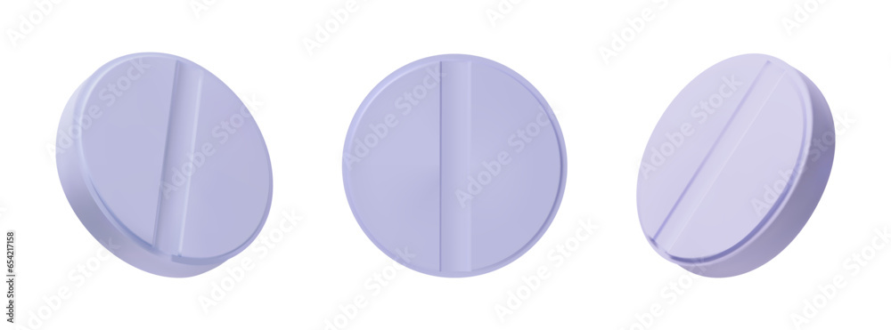 Set 3D render round purple pills. Realistic plastic treatment. Medicine ...