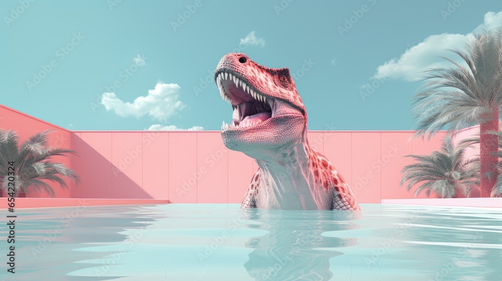 A pink Tyrannosaurus rex dinosaur roars in a swimming pool surrounded ...