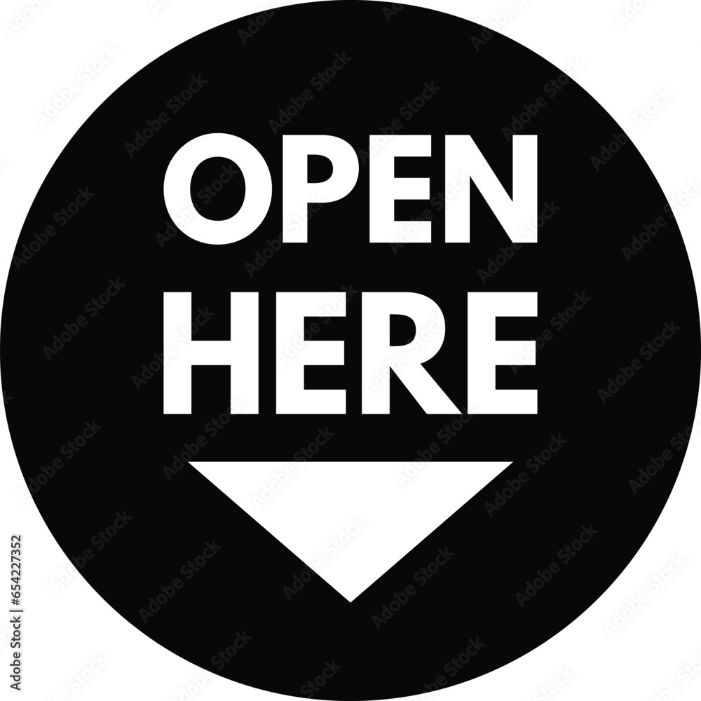 Open here sign circle . Open here label product icon vector isolated on ...