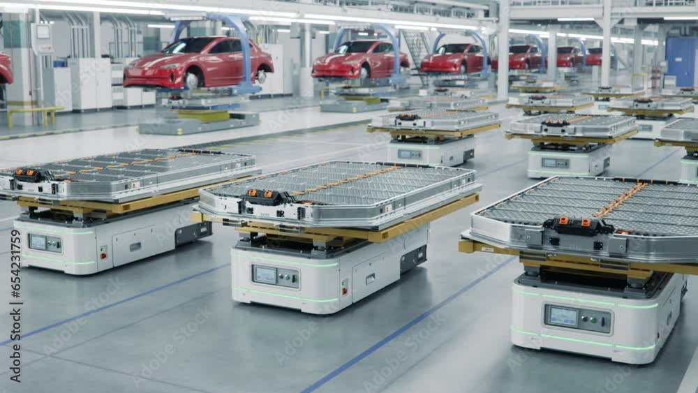 Automated Guided Vehicles with Electric Car Battery Packs inside Modern ...
