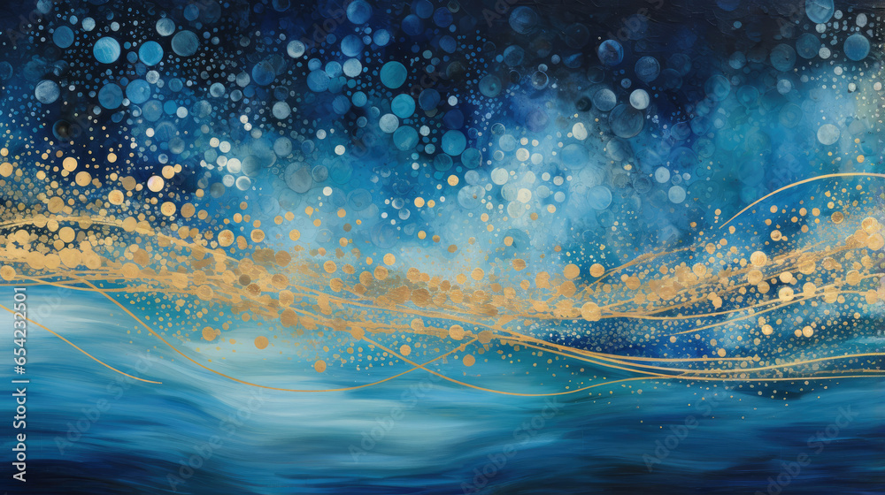 Pointillism shining abstract blue and gold beige liquid metal shiny sea ...