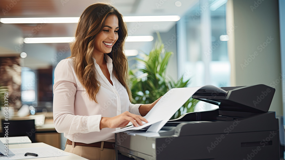 happy business executive beautiful woman working taking paper from ...