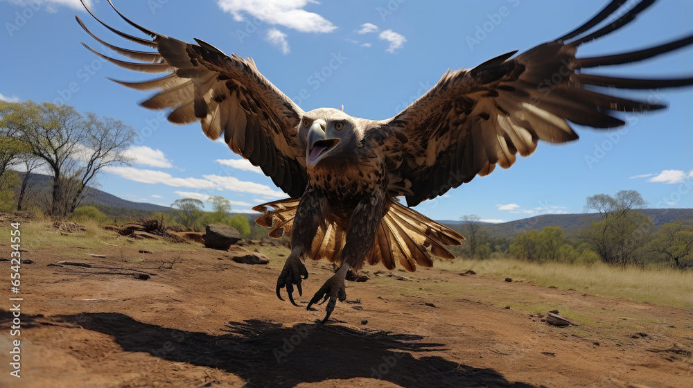 An aggressive wild wedge tailed eagle attacks a camera created with ...