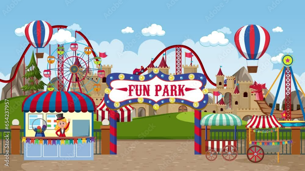Outdoor fun park entrance scene with ticket booth and views of all the ...
