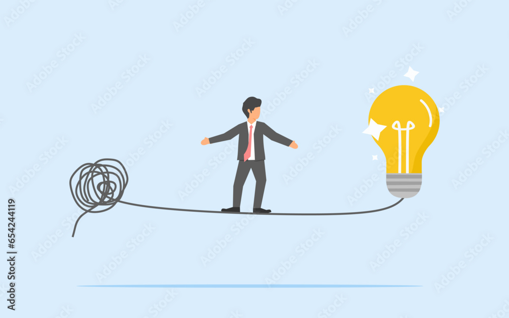 Solution simplification. a businessman walking on wires away from ... Solution simplification. a businessman walking on wires away from ...