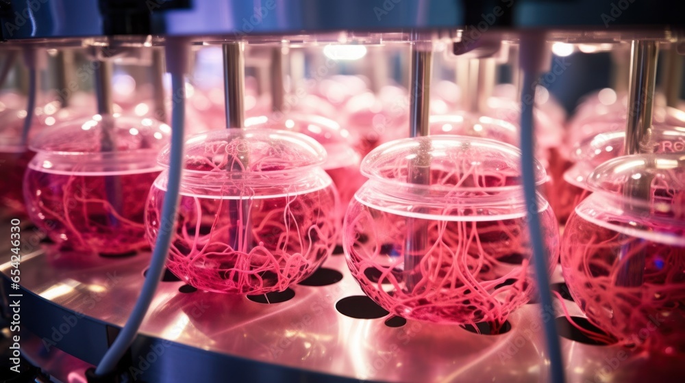 Transgenic meat. Bioreactors filled with cultured meat cells ...