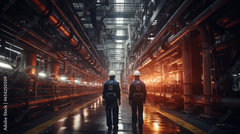 Factory workers in safety equipment walking by gas pipes and checking ...