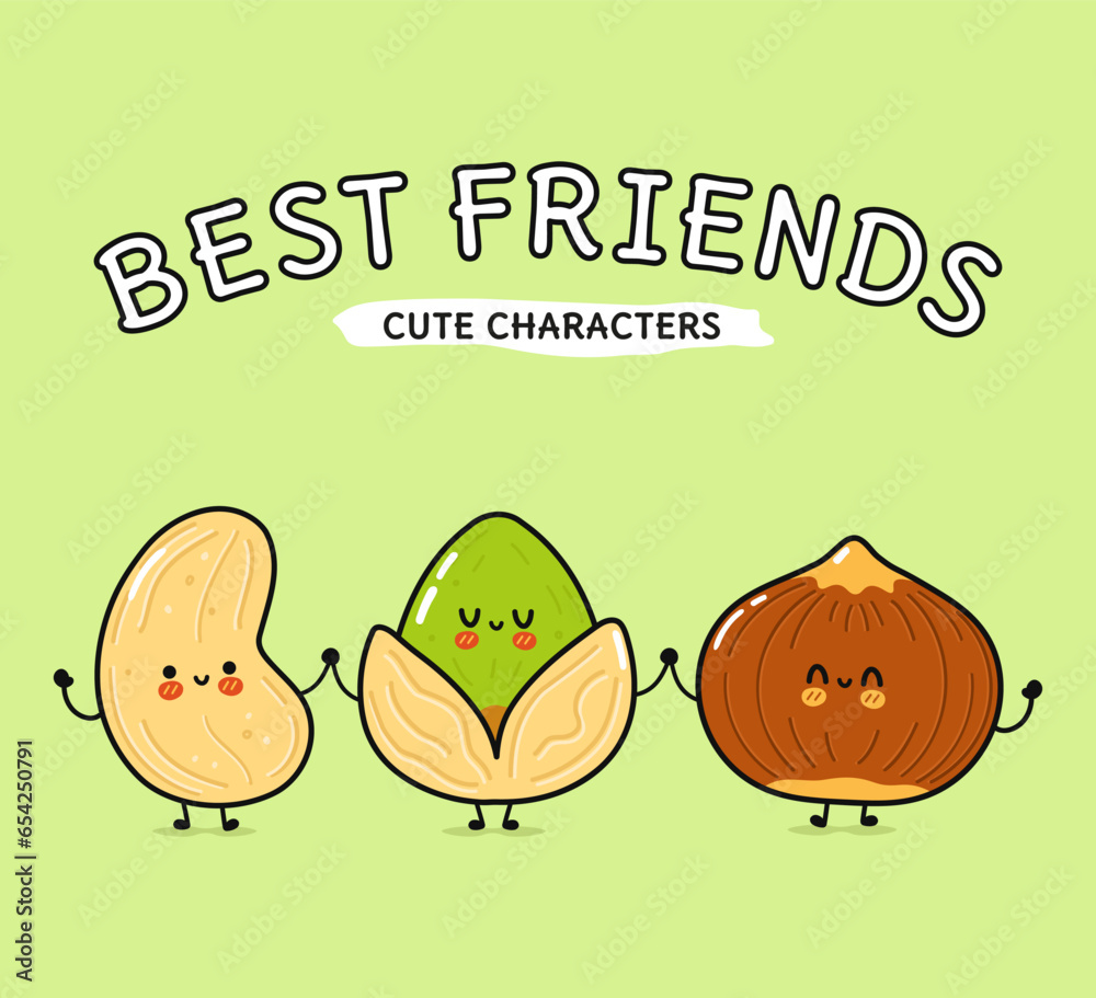 Cute, funny happy hazelnut, pistachio and cashews nut. Vector hand ...