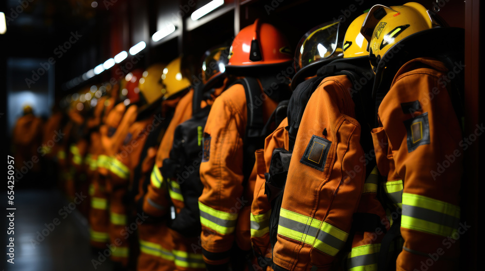 Firefighter suits ready in the locker room of a fire station, prepared ...
