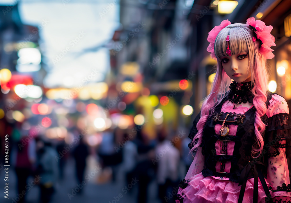 Girl Cosplayer dressed in a Goth Lolita outfit. Shallow field of view ...
