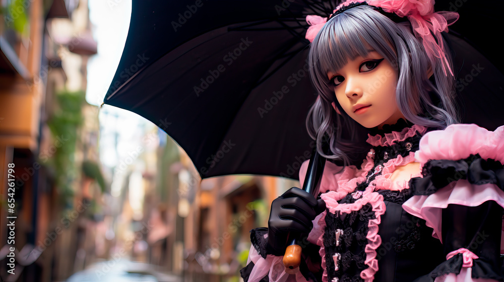 Girl Cosplayer dressed in a Goth Lolita outfit. Shallow field of view ...