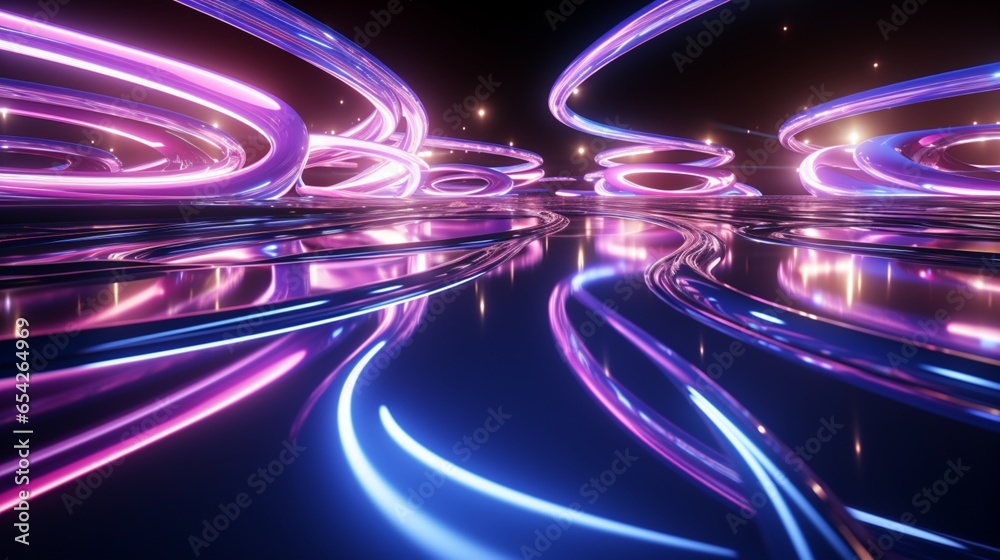 Abstract neon background of perspective view of spiral tunnel and ...