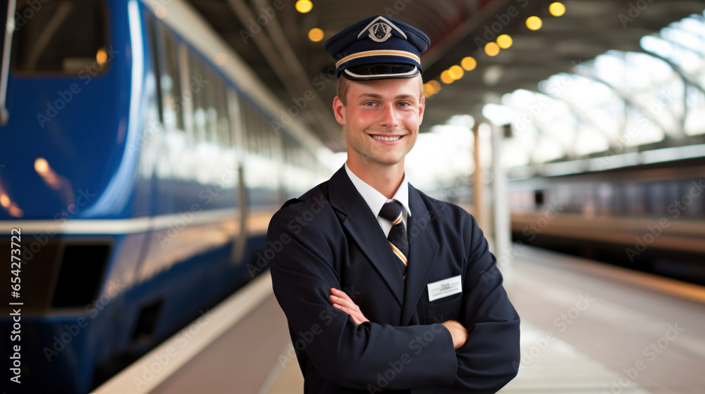 Bullet Train driver posing in front of high speed train. Subway train ...