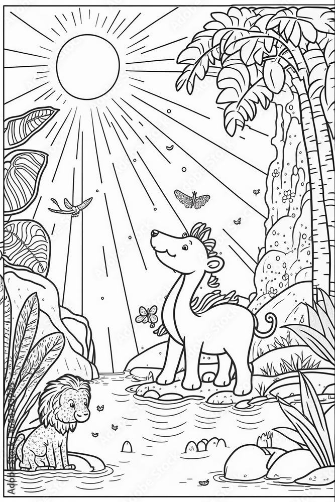Natural jungle line art coloring page for kids sun wate Stock ...