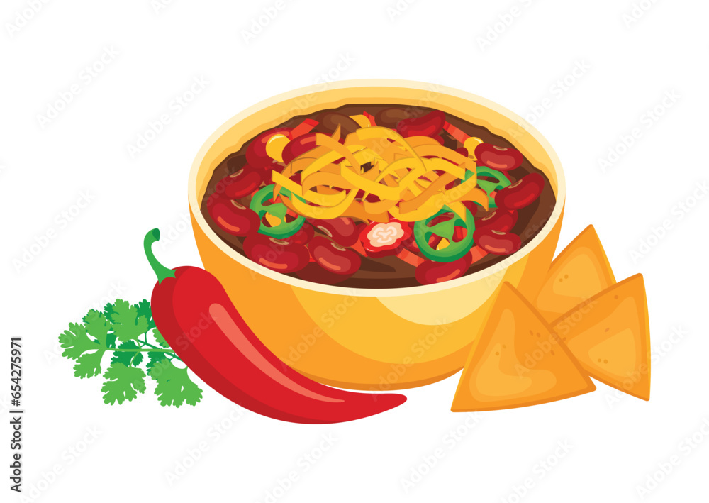 Mexican chili con carne bowl vector illustration. Traditional Mexican ...