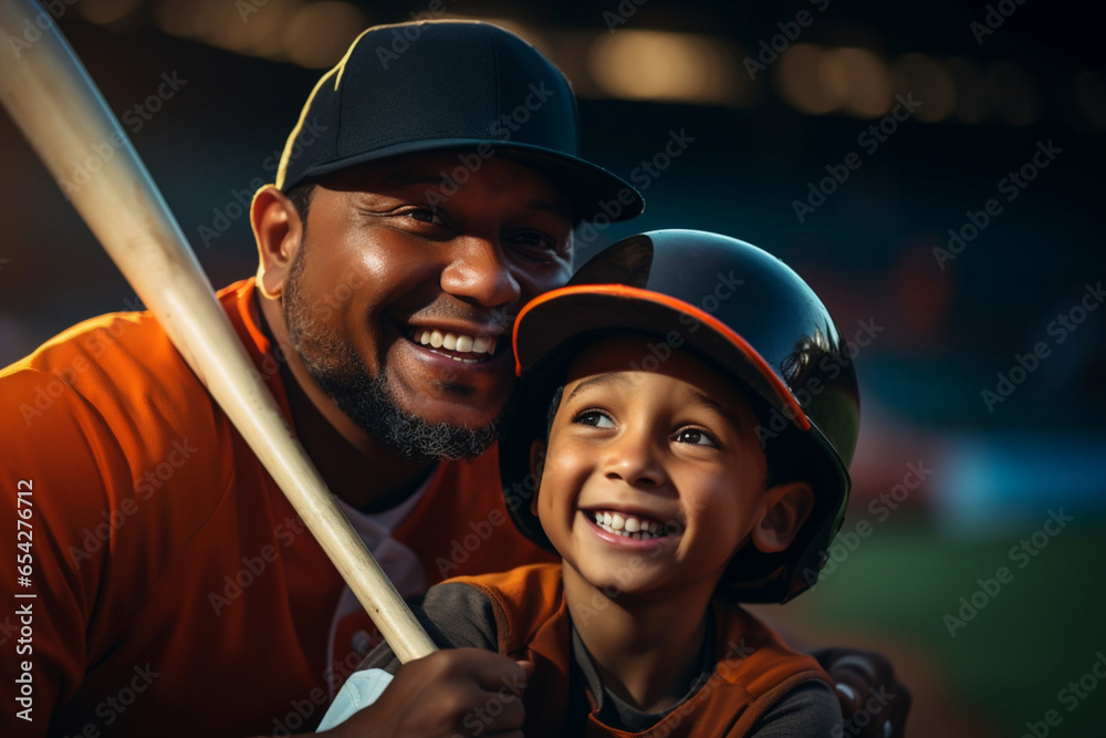 Black Father and son playing baseball at the stadium, father teaches ...