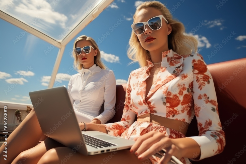 Female super model in 60's fashion wears glasses and uses a laptop ...