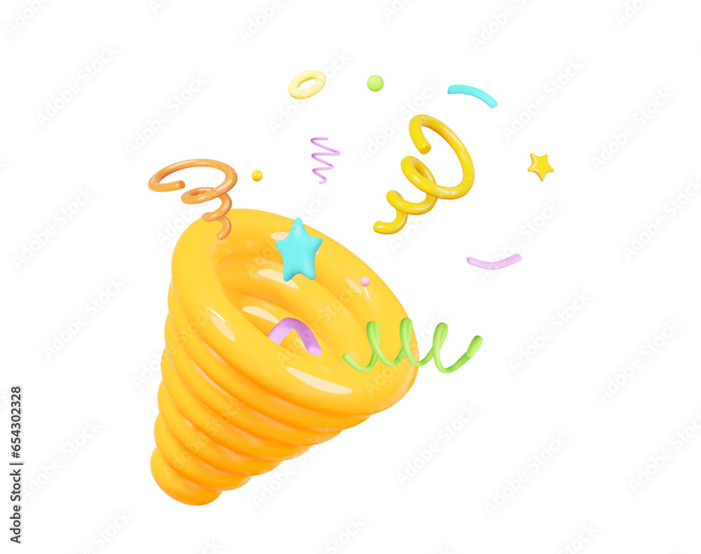 3d popper with colorful party confetti on isolated background. Holiday ...
