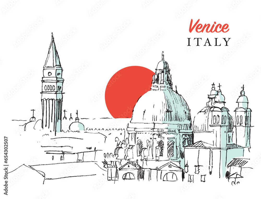 Drawing sketch illustration of St. Mark and Santa Maria della Salute ...