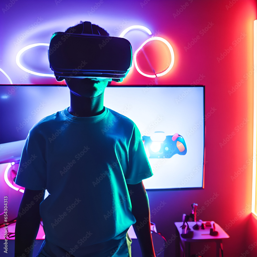 African-American Boy Having Fun with a VR Headset Video Game Stands ...