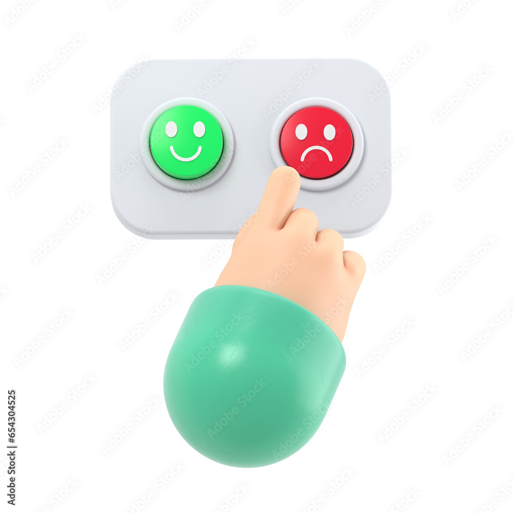 Disappointed customer cartoon hand presses the red button. Business or ...