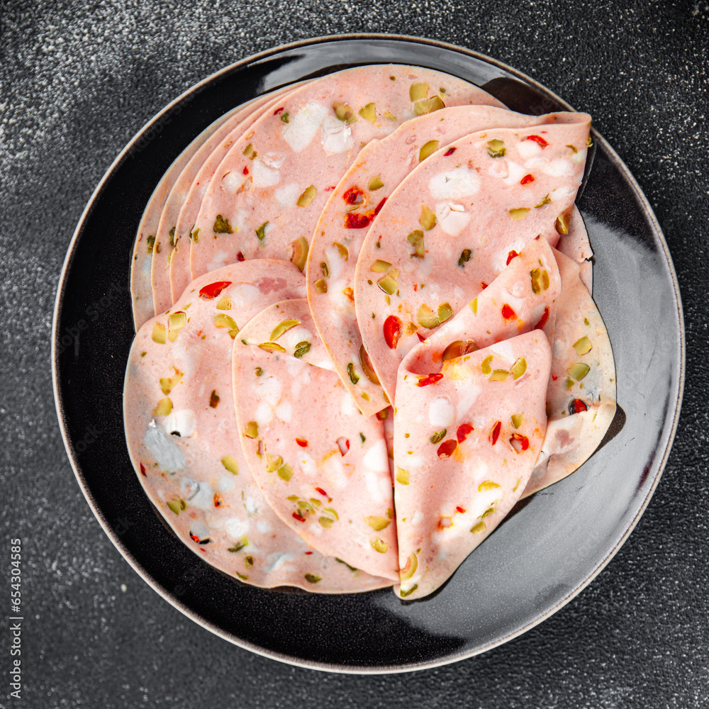 mortadella sausage slice marinated vegetable olive, pickled cucumber ...