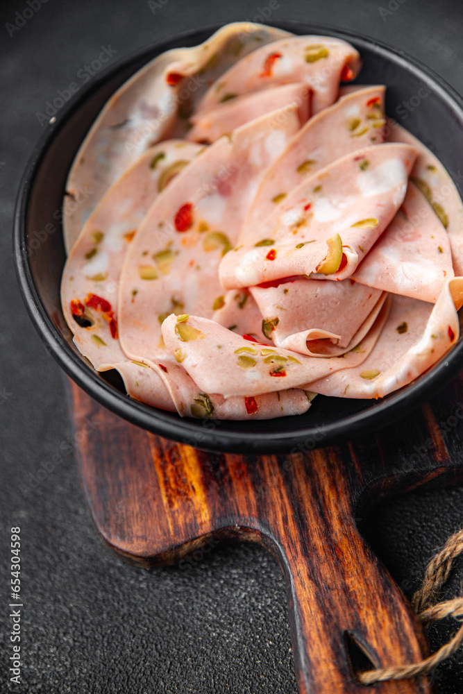 mortadella sausage slice marinated vegetable olive, pickled cucumber ...