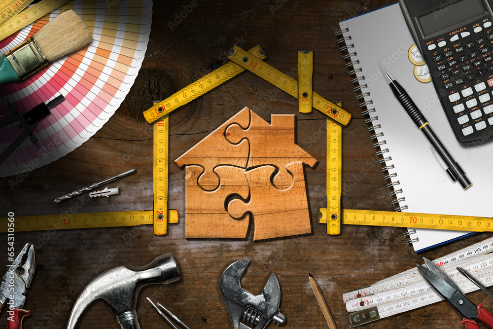 Home improvement concept. Wooden house made of puzzle pieces on a ...