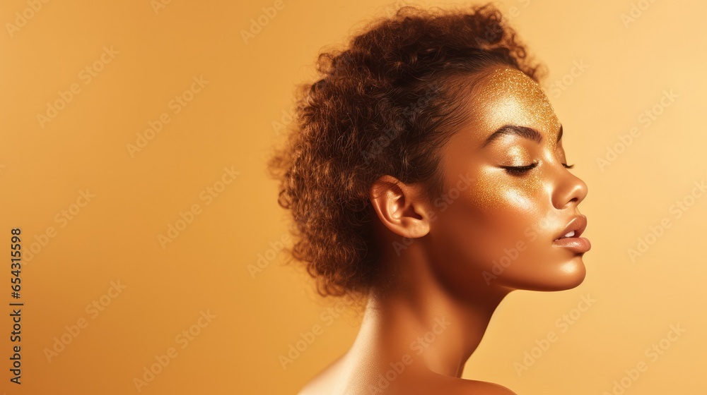 Beauty shot of a female model with perfect retouched skin against ...
