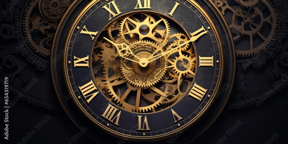 Golden black old clock close up at front view on dark background with ...