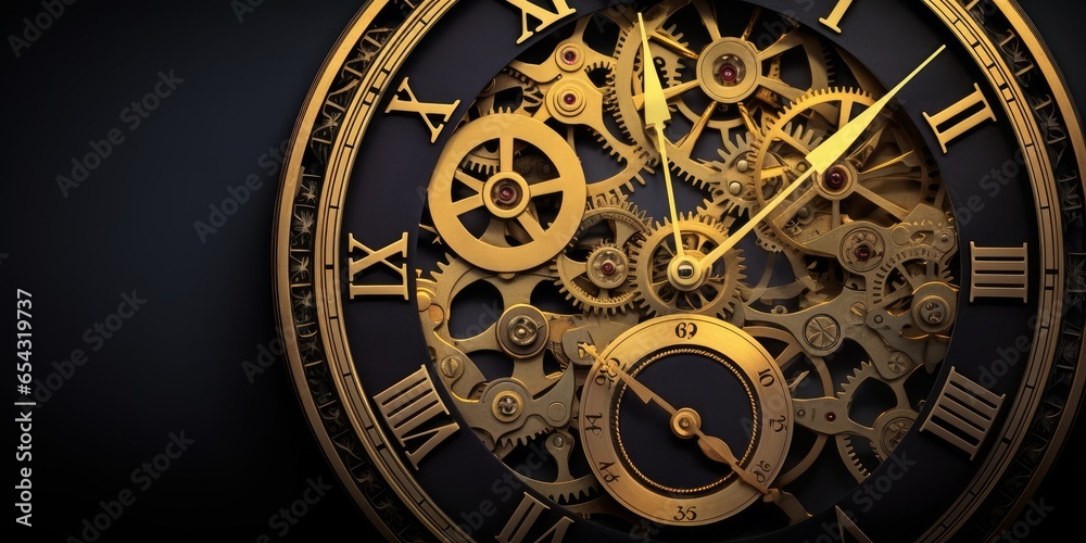 Golden black old clock close up at front view on dark background with ...