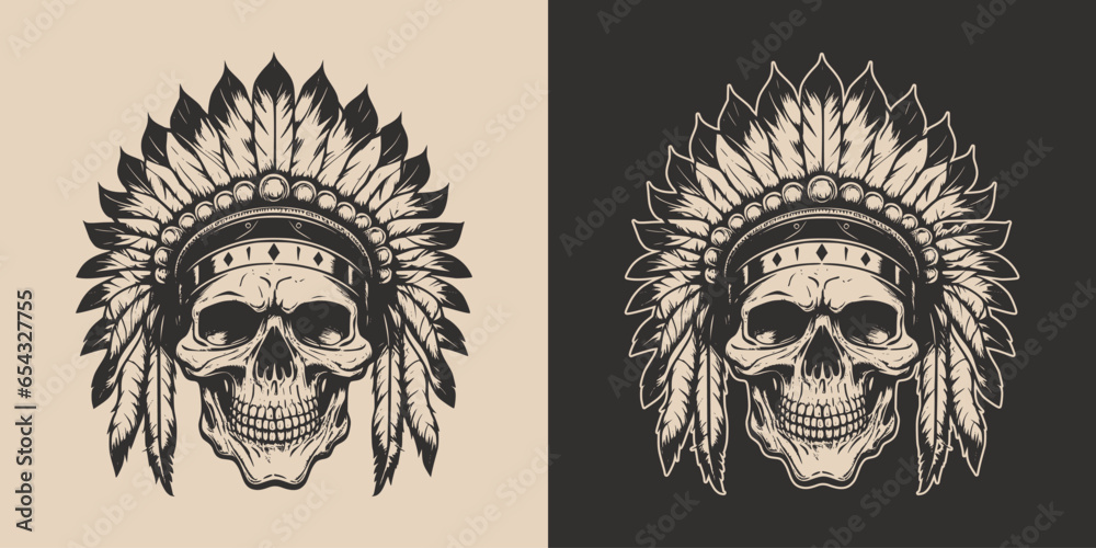 Set of vintage retro scary native american indian apache chief skull ...