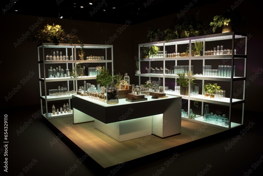 Display area with illuminated backdrop and raised platforms for ...