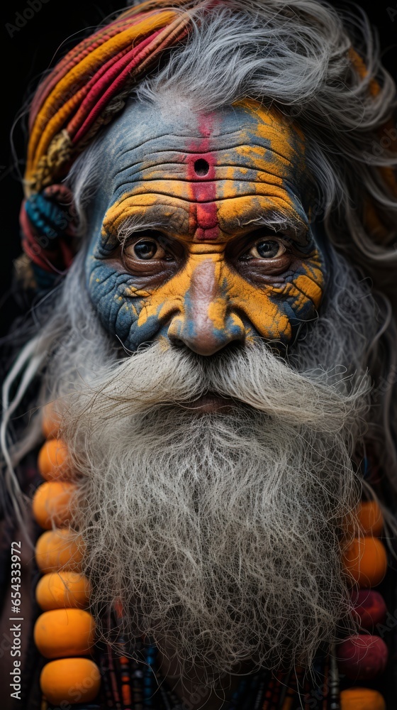 Portrait of a Sadhu with his colourful face painting. The holy men of ...