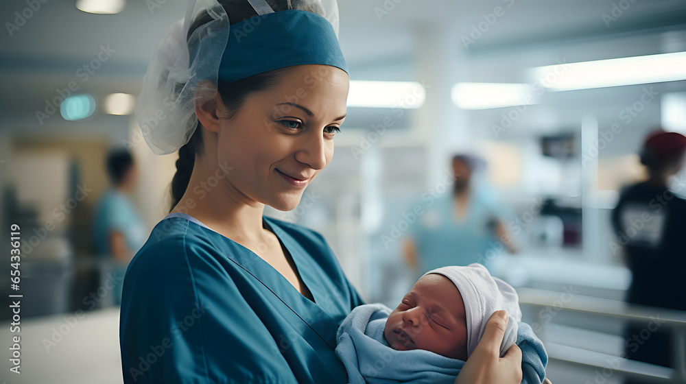 Nurse cradling a day-old infant, newborn baby, displaying genuine ...