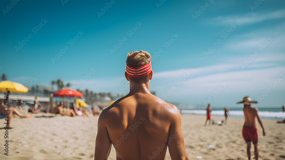 Rear view of a male lifeguard dutifully watches over swimmers in the ...