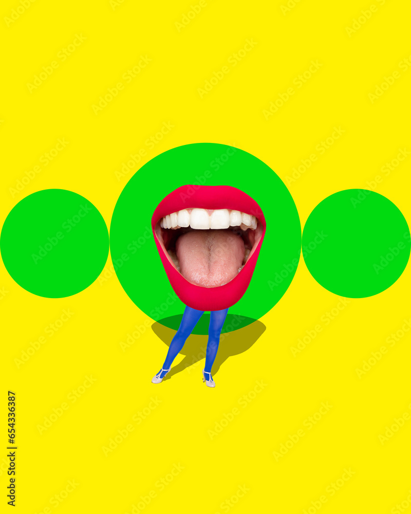 Female legs in blue tights and wide open laughing mouth over yellow ...