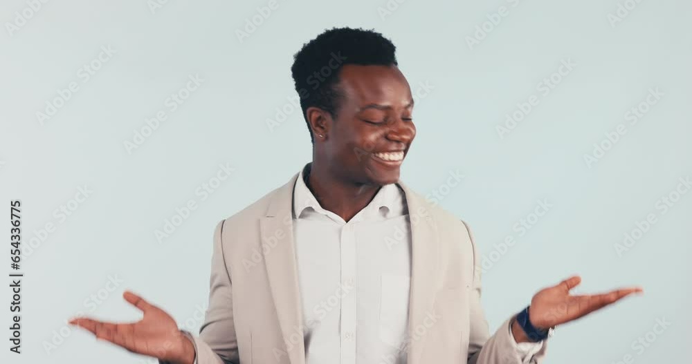 Choice, face and happy black man in studio with why, emoji or decision ...