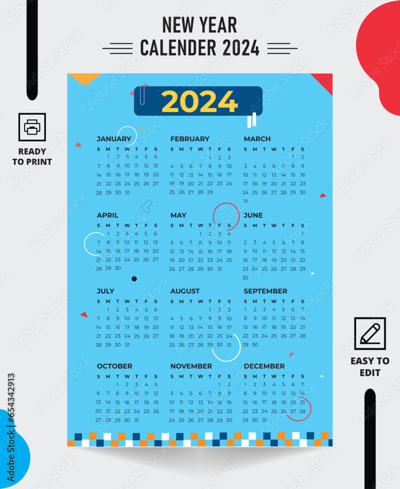 Vetor de calendar template 2024, calendar template, weekly calendar ...