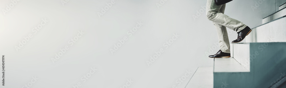 Businessman, legs and stairs in office or building for walking ...