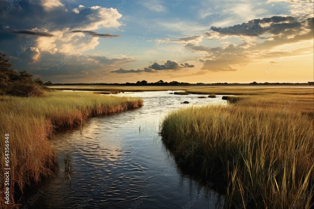 Florida Coastal Wetland Ecosystem Landscape Featuring Marsh Grasses and ...